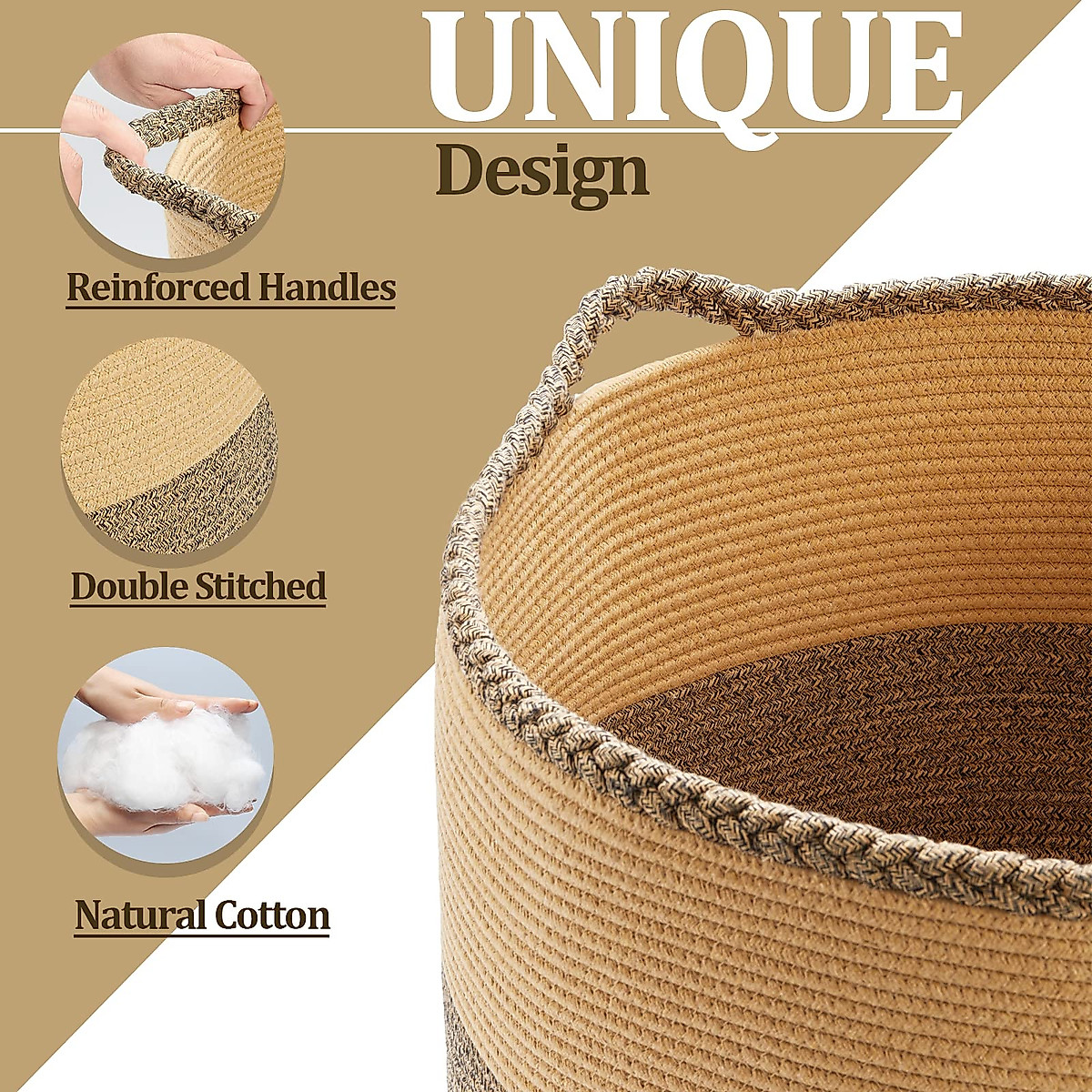 Turnextte Cotton Rope Basket, 22'' X16'' Super Large Blanket Storage Basket, Large Woven Laundry Basket with Reinforced Handles, Blanket Basket Living Room, Black and Brown