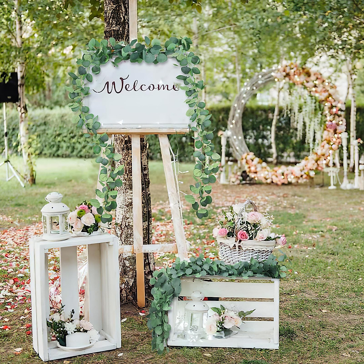 CQURE 6Pcs Eucalyptus Garland,Artificial Eucalyptus Leaves Table Greenery Garland Wreath Vines for Wedding Party Fireplace Bedroom Wall Room Decor