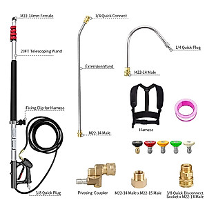 XUNCHI 24 Feet High Pressure Power Washer Telescoping Lance Extension Wand with 1/4 Inch Quick Connection, 5 Spray Nozzle Tips and Harness Belt, Pivoting Coupler, 2 Adapters, 4000 PSI Max Pressure