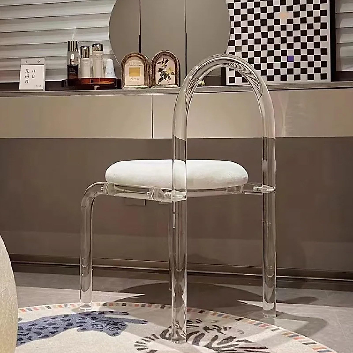 ACICS Transparent Crystal Chair Modern Kitchen Dining Chairs Cosmetic Chair Upholstered Acrylic Chair for Living Room, Bedroom，Makeup Room(40 * 40 * 70cm, Pink)