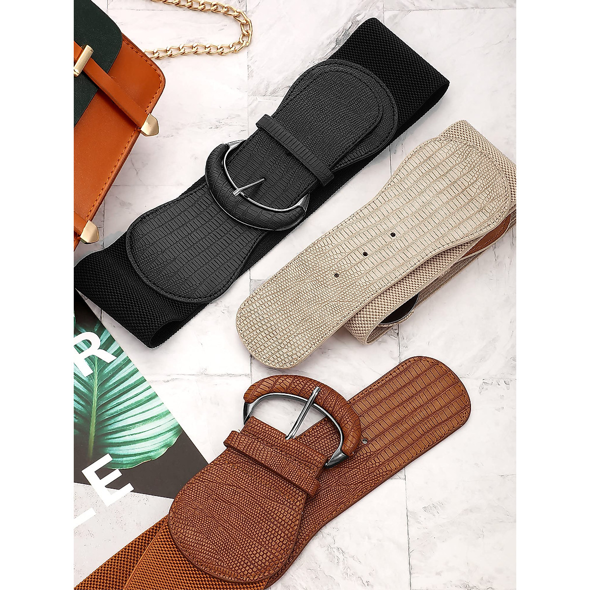 SATINIOR 3 Pieces Women Wide Elastic Belt for Dress Women Stretchy Cinch Leather Belt for Ladies Dress Decoration(L,Black, Brown, Beige)