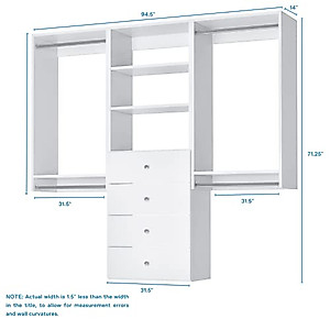 Closet Kit with Hanging Rods, Shelves & Drawers - Corner Closet System - Closet Shelves - Closet Organizers and Storage Shelves (White, 96 inches Wide) Closet Shelving