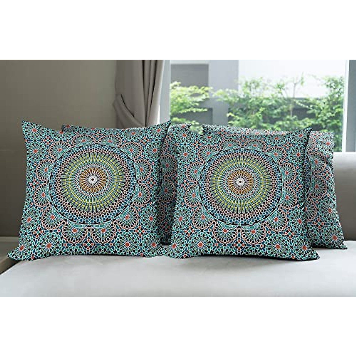 Lunarable Geometric Throw Pillow Cushion Case Pack of 4, Traditional Middle Eastern Style Moroccan Culture Design, Modern Accent Double-Sided Digital Printing, 18", Blue Ruby