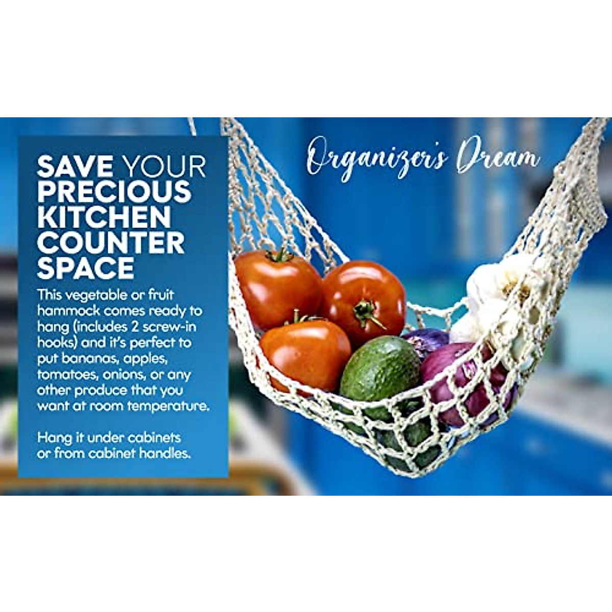 2 Pack Hanging Fruit Hammock - 2 Handwoven Cotton Produce, Banana, Macrame Fruit Hammocks For Kitchen Under Cabinet + 4 PCS Hooks - Storage That Saves Counter Space at Home, Boat, or Rv