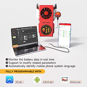DALY Programmable Configurable Smart BMS with UART 16S 48V 250A LiFePO4 Battery Protection Module with Bluetooth PCB Protection Board with Balance Leads Wires BMS 48V with Cooling Fan