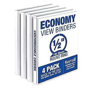 Samsill Economy 0.5 Inch 3 Ring Binder, Made in the USA, Round Ring Binder, Customizable Clear View Cover, White, 4 Pack (MP48517)