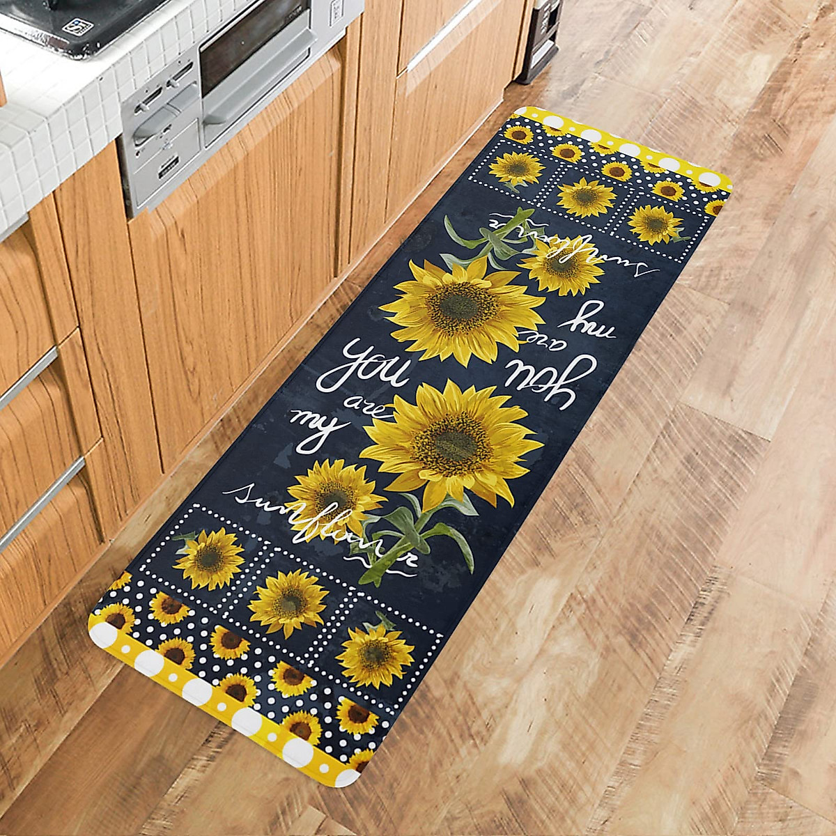 Sunflower Kitchen Rugs and Mats Set of 2 Area Runner Farm Floral Floor Bath Rugs Comfort Soft Standing Doormat Non Slip Carpet Black and Yellow
