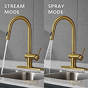 YardMonet Brushed Gold Kitchen Faucet with Pull Down Sprayer, Modern Gold Kitchen Sink Faucet Single Hole with 10" Deck Plate, Single Handle Pull Out Kitchen Faucets for Sink