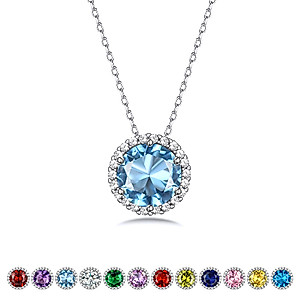 Bestyle 925 Sterling Silver Love Round Cubic Zirconia Necklaces March Aquamarine Birthstone Crystal Pendant for Women, Hypoallergenic Necklaces for Sensitive Skin