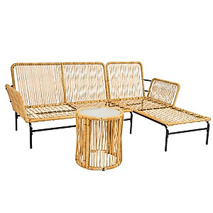 CABSETT 3-Pieces All-Weather Outdoor Patio L-Shape Sofa Set with Round Coffee Table and 3.15-inches Thick Cushion for Backyard, Poolside, Garden, Light Yellow