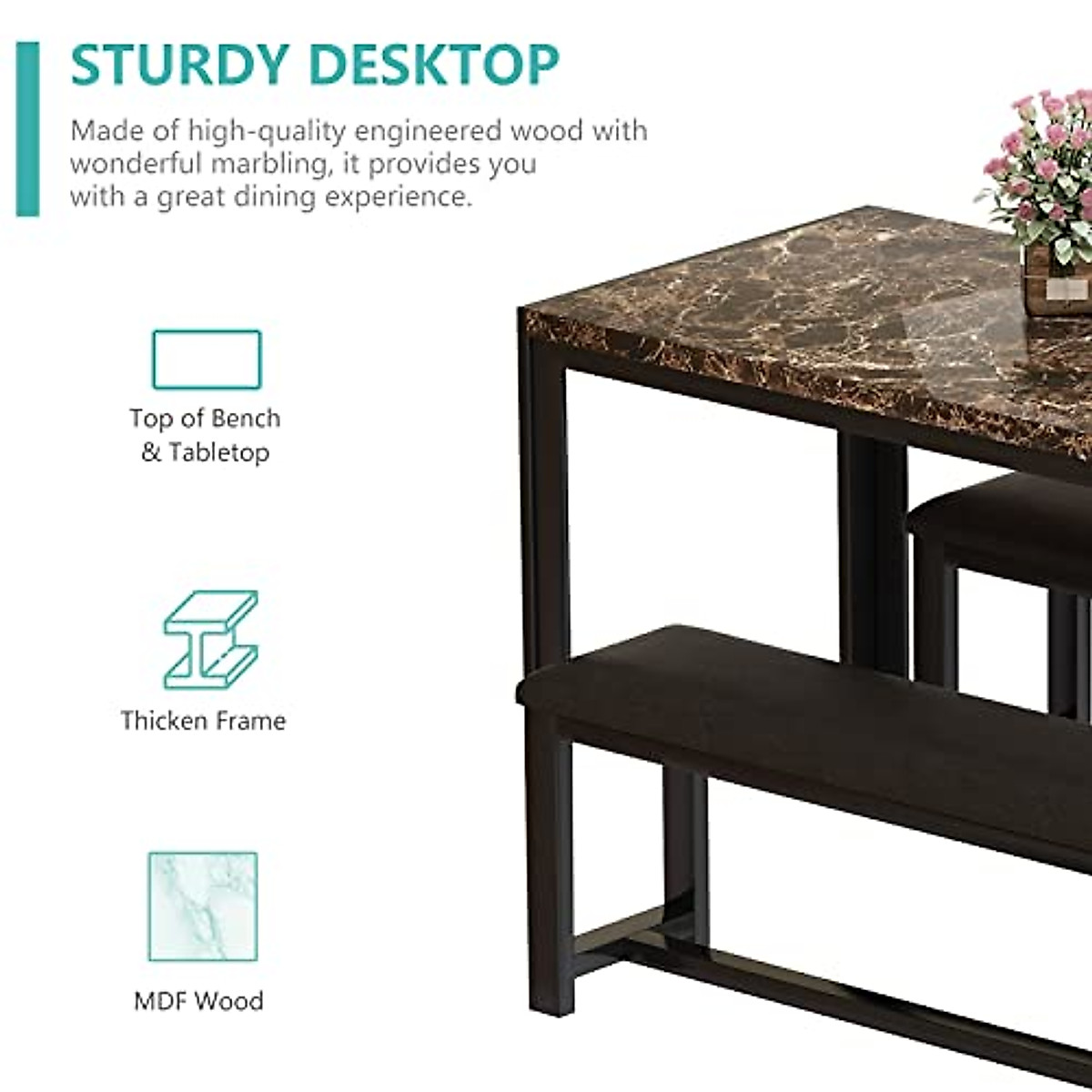 DKLGG Dining Room Table Set for 4, Faux Marble Kitchen Table with 2 PU Leather Upholstered Dining Benches, Upgrade Dinner Table Set for 4-6, Kitchen & Dining Room Tables for Small Space Apartment