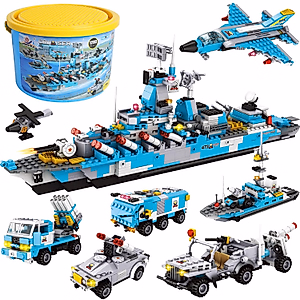 WishaLife 6 IN 1 City War Military Battleship Toy Building Blocks Set, with Army Truck Toys, Car Toys, boat Toy, Airplane Toy, Helicopter Toy, WW2 Construction Toys Gift for Kids Boys Girls Age 6 Plus