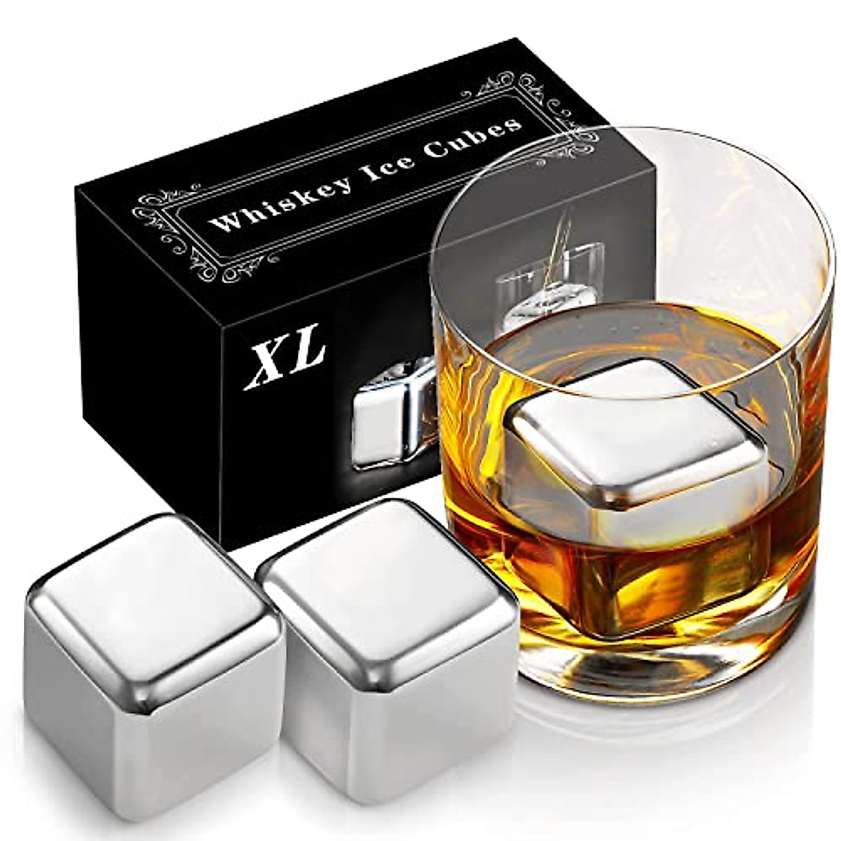 2 Large Whiskey Stones 64 cm³ (4 cu in) - Man Gift Set - Reusable Stainless Steel Metal Ice Sphere Cubes Beverage Chilling Rocks Whiskey Stones for Red Wine, Bar Beer, Scotch, Vodka Drinks - Silver