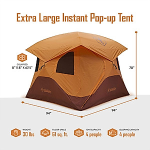 Gazelle T4 Extra Large 2 Door 4 Person Instant Portable Pop Up Outdoor Camping Hub Tent with Removable Floor and Rain Fly, Easy Setup, Orange