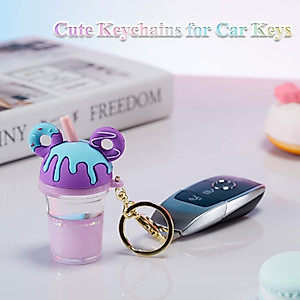 YOU WIZV Liquid Keychain, Kawaii Cute Boba Tea Water Key Chain for Backpacks, Aesthetic Donut Keychain for Girls, Kids,Women, Daughters, Boys（Purple Keychain）