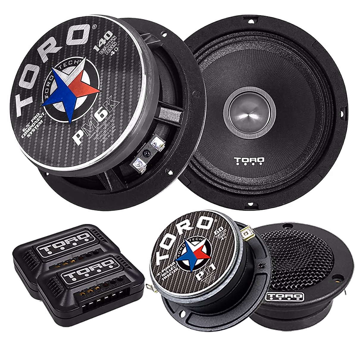 TORO TECH – PM6K, 6.5 Inch 2-Way Component Kit Pro Audio Shallow Mount Speakers - 340 Watts RMS Power / 140 Watts Music Program, 25mm Aluminum Tweeters, 4 Ohm, 1.5" Voice Coil (Pair)