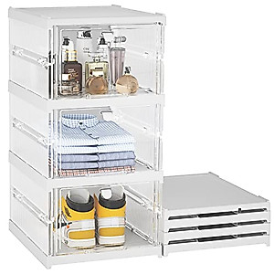 Plastic Storage Bins with Lids - Shoe Storage Shoe Organizer Shoe box Sneaker Storage Collapsible Storage bins Stackable Storage Totes Storage Container for Organizing Foldable Storage Bins (3 Layers)