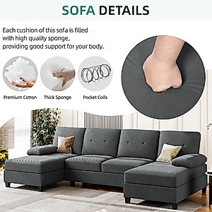 JAMFLY Sectional Sofa Couches for Living Room, Living Room Furniture Sets Clearance, 4 Seat U Shaped Sofa Sectional Couch with Chaise, Black Grey