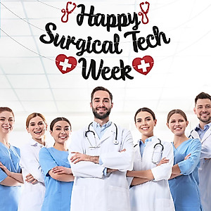 Happy Surgical Tech Week Banner - Surgical Technologist Appreciation Week Decor, Hospital Office Clinics, Thank You Nurse Doctor Party Decor 1 Black & Red Glitter