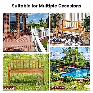 HAPPYGRILL Patio Wood Bench with Ergonomic Backrest & Armrests, 2-Person Outdoor Bench, All-Weather Acacia Wood Frame, Loveseat Outside Bench for Garden Balcony Poolside Porch Deck