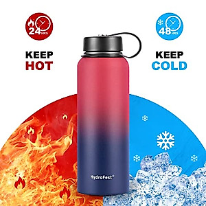 HydroFest Water Bottle with Straw, Thermos Water Bottle 40 oz, Wide Mouth Double Vacuum Stainless Steel Water Flask With Straw lid, Spout lid and Flex Cap, BPA Free & Leak Proof (Red/Blue)