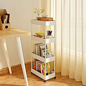OVAKIA 4-Tier Slim Rolling Utility Cart Storage Shelves Trolley Storage Organizer Shelving Rack with Mesh Baskets/Wheel Casters for Laundry Pantry Bathroom Kitchen Office Narrow Places(White)