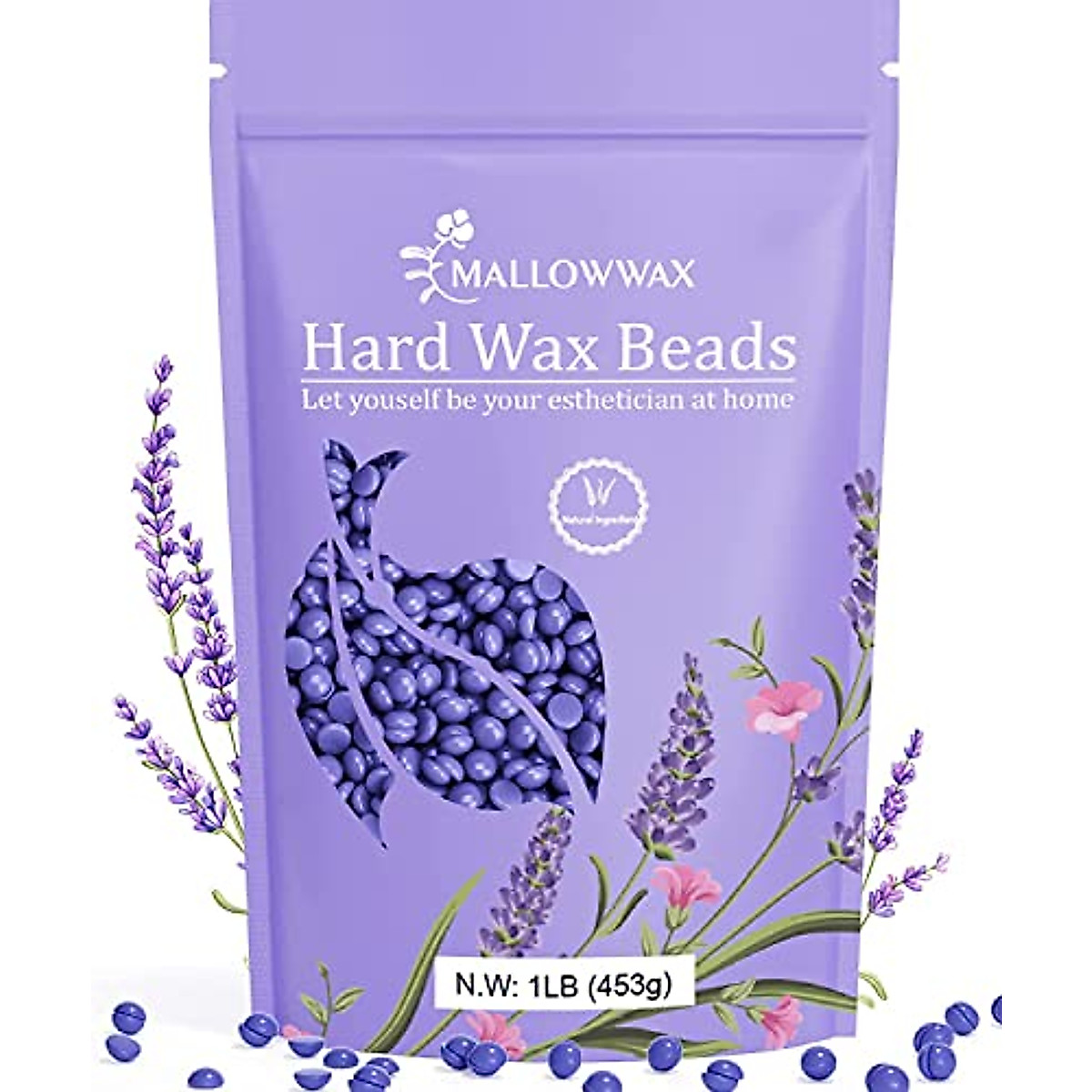 Hard Wax Beads - Mallowwax Lavender Stripless Hard Wax Beans - Wax beads for Hair Removal - Natural, Gentle Wax for Brazilian Bikini - Waxing Beads for Beginners (Coarse Body Hair Specific)