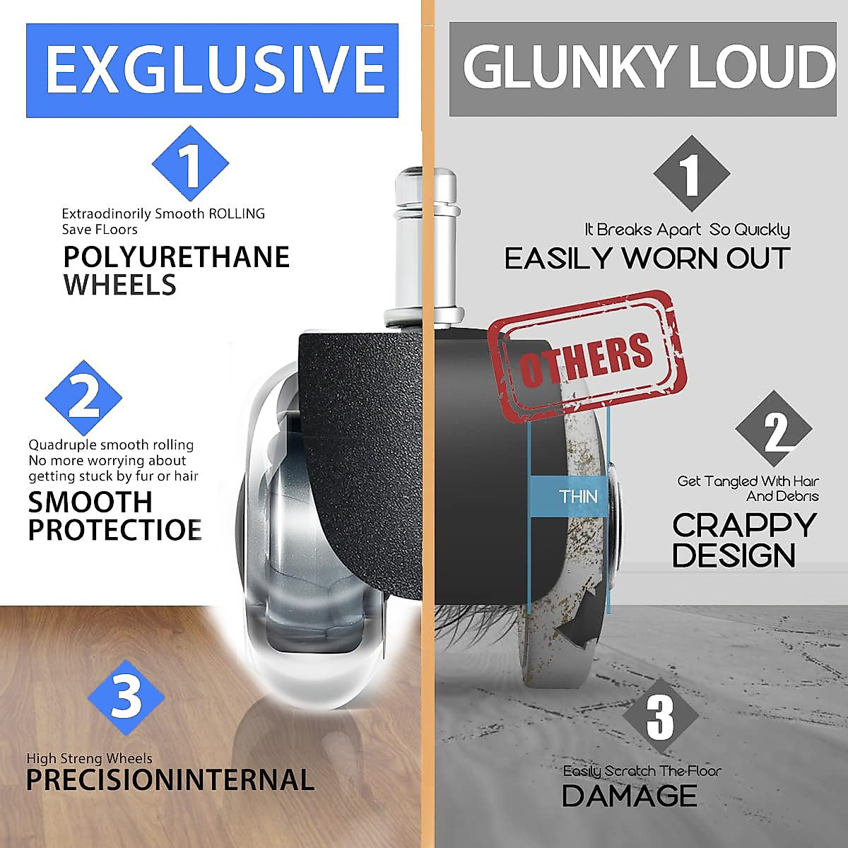 Office Chair Wheels Replacement Set of 5 Stem 11mm, Dual 2 Inch Rubber Chair Caster Wheels for All Hardwood & Carpet Floors Heavy Duty Rollerblade Chair Casters for Computer & Desk & Gaming Chairs