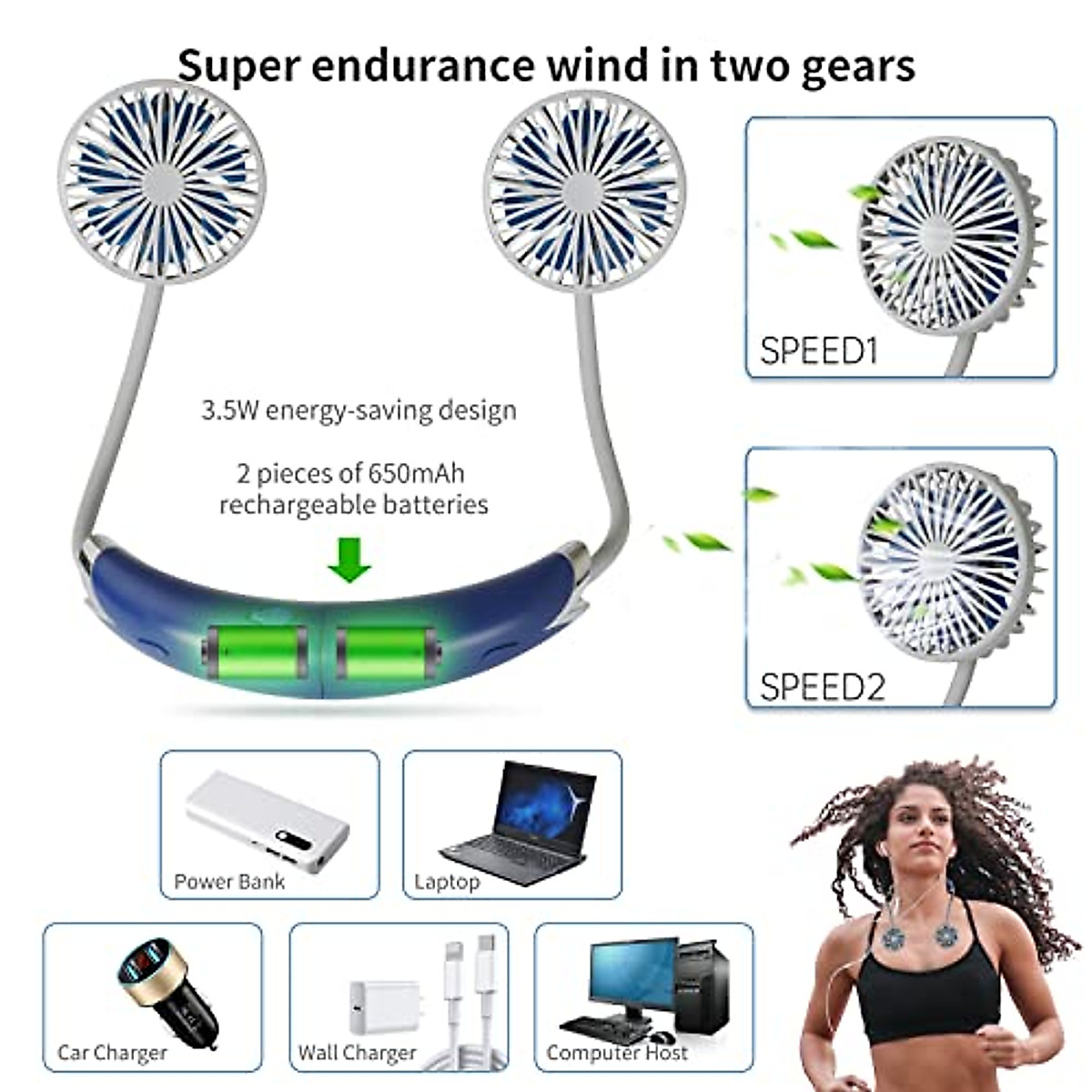 HUIQIMEI Portable Neck Fan Rechargeable Cooling Neck Fan Detachable Electric Personal Fans Independent Switch Control Long Battery Life for Travel Office Household Outdoor Sports (Blue)