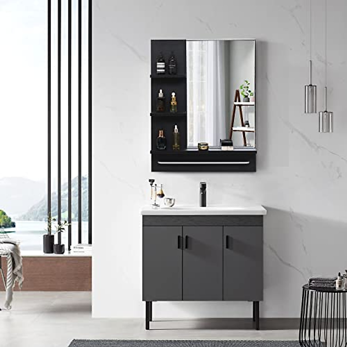 Muzilife Bathroom Medicine Cabinet with Mirror Wall Medicine Cabinet Storage, Over Toilet Storage Cabinet for Bathroom Laundry Room Kitchen - 3 Fixed Shelves, 1 Aluminum Towel Rack, Black