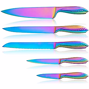 WELLSTAR Kitchen Knife Set 5 Piece, Razor Sharp German Stainless Steel Blade and Comfortable Handle with Rainbow Titanium Coated, Chef Carving Bread Utility Paring for Cutting and Peeling, Gift Box