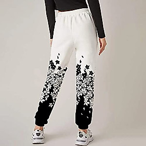 White L Cotton Women's Sweatpants With Pockets Elastic Waistband Linen Summer Baggy Leggings Boho Flower Fall Pants Vintage Graphic Patchwork Warm