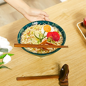 2 Pieces Ceramic Large Ramen Bowls Ceramic Noodle Soup Bowl Cereal Porcelain Bowls Pasta Serving Bowl Sets Round Ramen Bowls with Spoons Chopsticks Rack for Noodles Soup Salad Rice Pasta (Green)