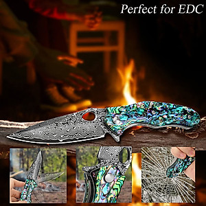 Benkey VG10 Damascus Abalone Seashells Pocket Knife and VG10 Damascus Natural Wood Pocket Knife Bundles