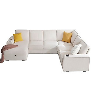 PaPaJet U Shaped Sofa, 7 Seater Sofa with USB Ports, Sectional Sofa Couch with Storage Chaise, Corduroy Beige