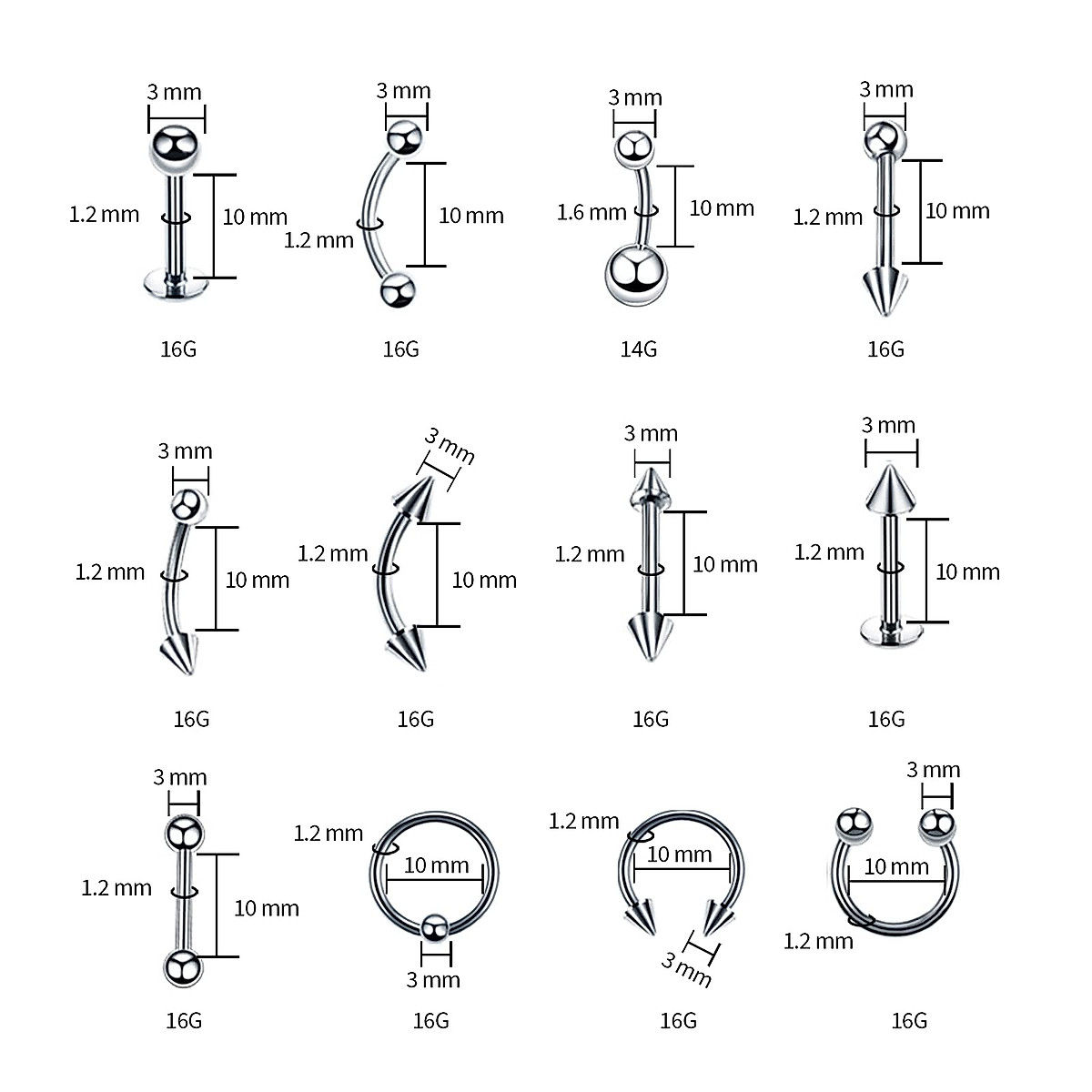 A-minusone 84 PCS Body Septum Piercing Kit 14G 16G Tools for Nose Tongue Lip Ear Eyebrow Belly Button Cartilage Tragus Industrial Barbell Helix Daith Piercing Jewelry Clamps