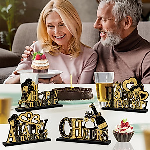 4 Pieces Anniversary Decorations Wooden Table Centerpieces, Black Gold Happy Wedding Anniversary Table Sign Party Supplies, 10th 20th 30th 40th 50th 60th Anniversary Table Decor for Indoor Outdoor