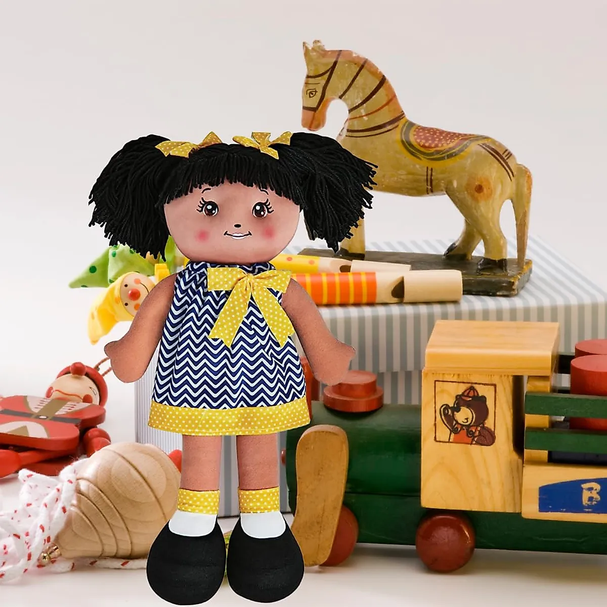 LOVE & HUG 17" African American Black Doll | Stuffed Soft Plush Doll with Blue Dress and Soft Yarn Hair for Kids and Toddlers to Love and Hug | Gift for Birthday, Christmas