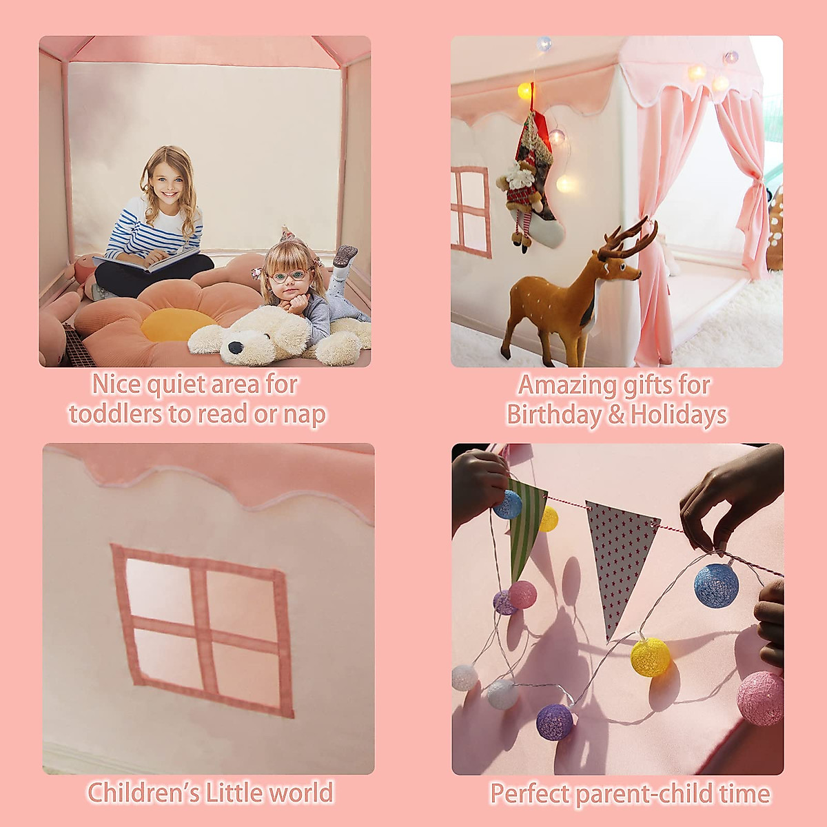 Princess Castle Play Tent for Kids, 100% Natural Fabric Extra Large Foldable Fairy Pink Tent for Girls, Playhouse with Lights and Flags for Children Indoor & Outdoor by WOOD CITY (52"x 40"x 47")