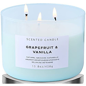 3 Wick Scented Candle | Grapefruit Vanilla Stress Relief Aromatherapy Candle with Berries, Bergamot, Rose & Lemon | 15.8 oz Highly Scented Candles for Men & Women | Large Natural Soy Candles for Home