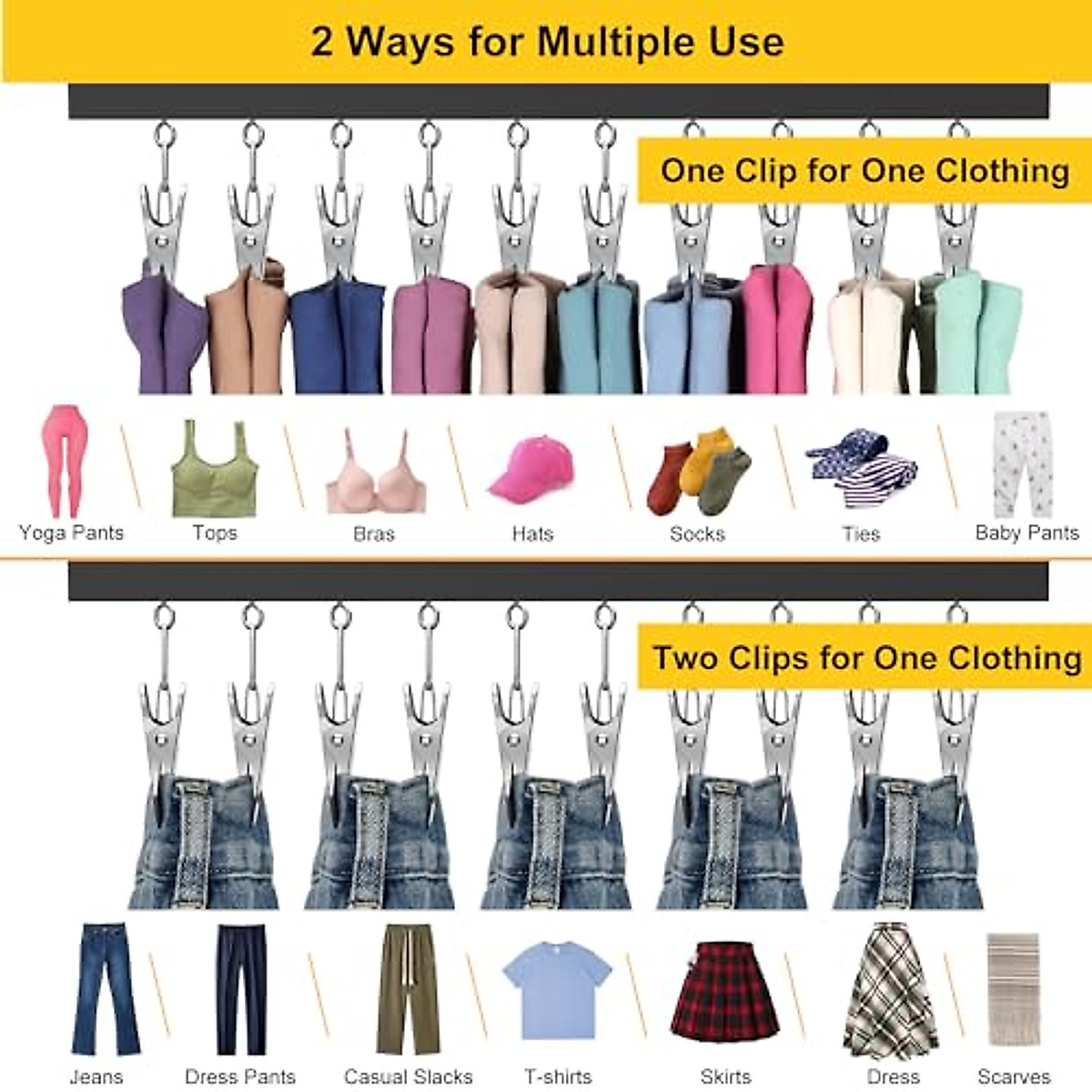 Closet Organizer, Legging Organizer for Closet, Wooden Hangers with Clips Holds 20 Leggings/Pants/Jeans/Shorts, Hanging Closet Organizer w/Rubber Coated, 360°Rotating Hook, Space Saving, 2Pcs Black