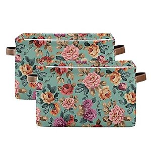Colorful Flowers Leaves Storage Basket Bins Decorative Toy Organizer Bins Laundry Hamper Baskets with Handles for Bedroom Office Clothes Pet Nursery Living Room,2 pcs