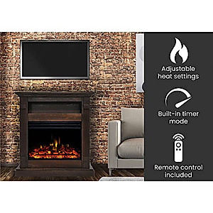 Drexel 34-in. Electric Fireplace Heater with Walnut Mantel, Deep Log Display, Multi-Color Flames, and Remote Control