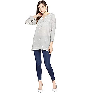 Ada Hand Embroidered Indian Chikankari Straight Cotton Tunic Top Kurti Shirt for Women A534584 (Grey, Medium)