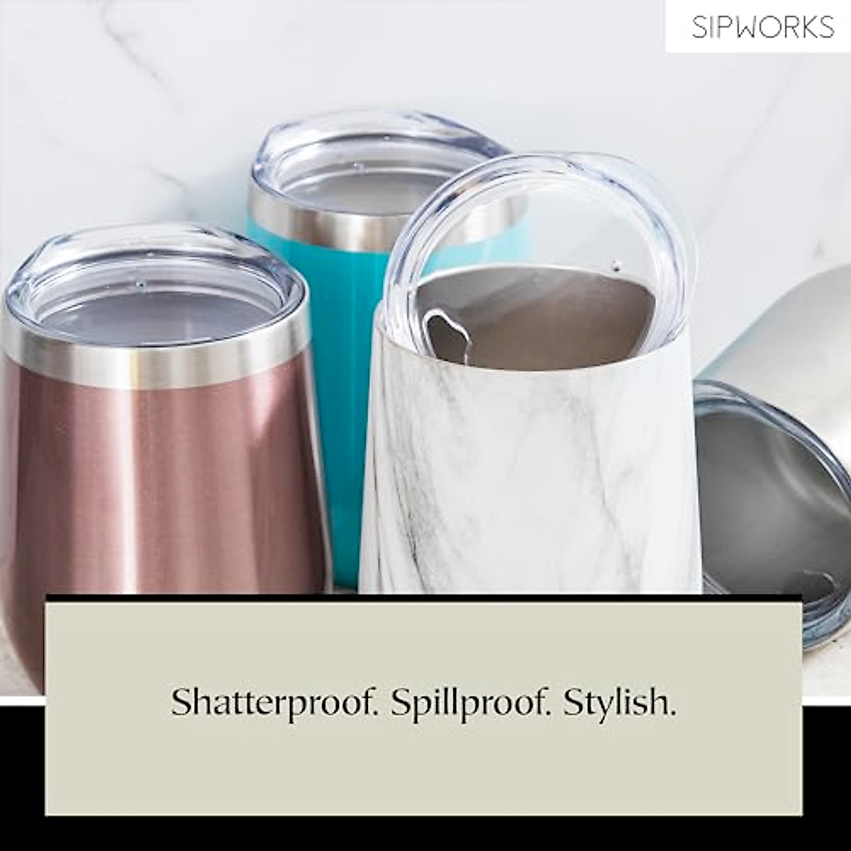 Sipworks Wine Tumbler with Lid - 12 oz Stainless Steel Tumblers with Removable Lid & Double Walled Vacuum Insulation - Leakproof, Shatterproof Insulated Wine Tumbler for Travel - Rose Gold