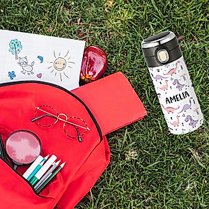 Andaz Press Personalized Kids Tumbler Dinosaur Kids Stainless Steel Water Bottle with Leakproof Flip Lid- 10oz BPA-Free Tumbler For Boys, Girls, Students, Birthday Party Favors Gifts, 1-Pack