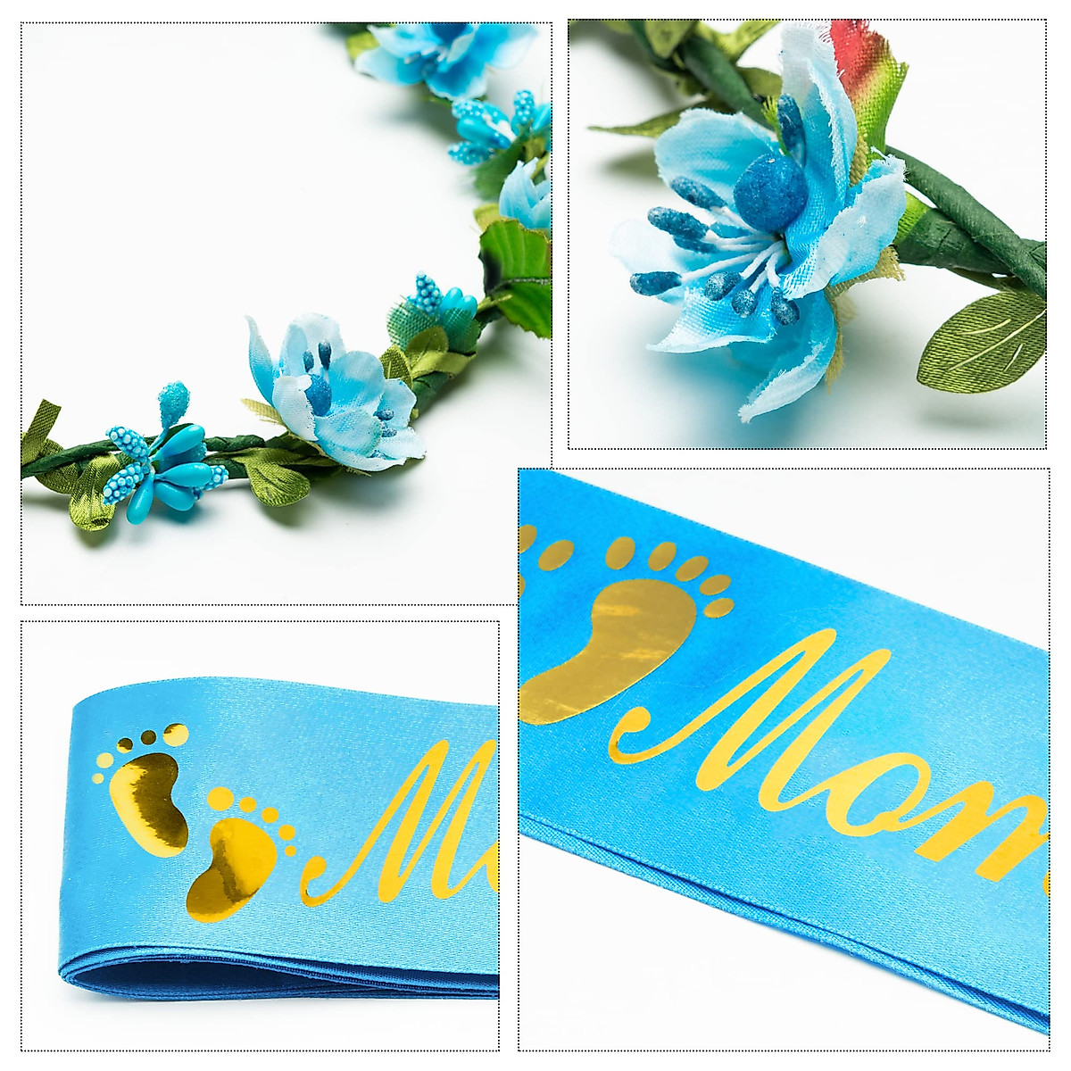 Blue and Gold Mom to Be Sash Kit Gender Reveals Party Floral Garland Crown with Daddy to Be Tinplate Badge Combo Decor Supplies Favors for Boys Baby Shower Party Photo Prop Gift