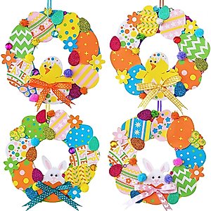 12 Sets Easter Wreath Signs Decorations DIY Foam Easter Craft Kits Easter Eggs Bunny Chick Foam Stickers Pom-Poms Googly Eyes for Kids Classroom Home Activity Art Project Gift Easter Front Door Décor