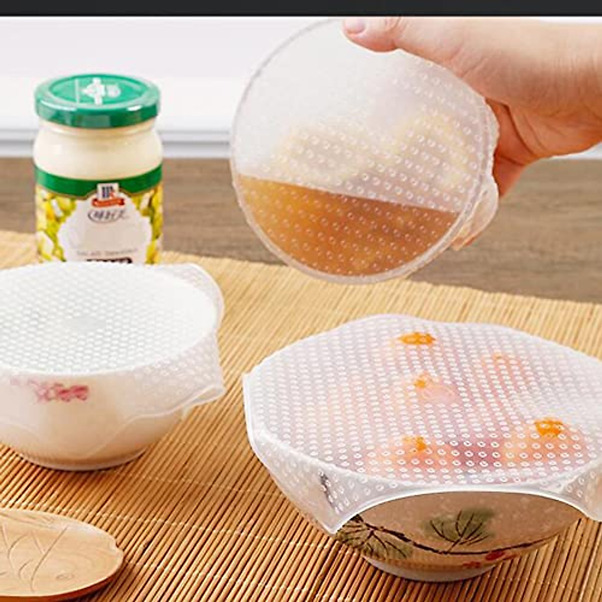Aoguzhao Silicone Stretch Lids,Transparent Silicone Food Wrap Cling Film,4 Pieces of Reusable Food Silicone Food Wrap for Kitchen Preservation and refrig (4pcs)