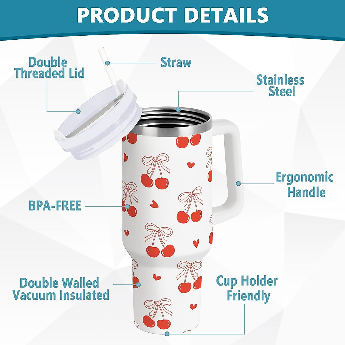 KEEPREAL 40 oz Red Cherry Bow Tumbler with Handle, Insulated Sports Water Bottle with Lid and Straw, Thermal Stainless Steel Travel Coffee Mug Cup